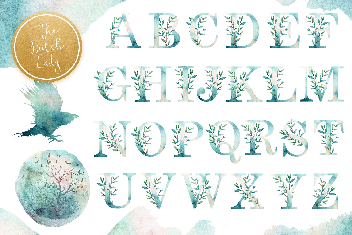 Watercolor Alphabet Clipart with Nature Elements