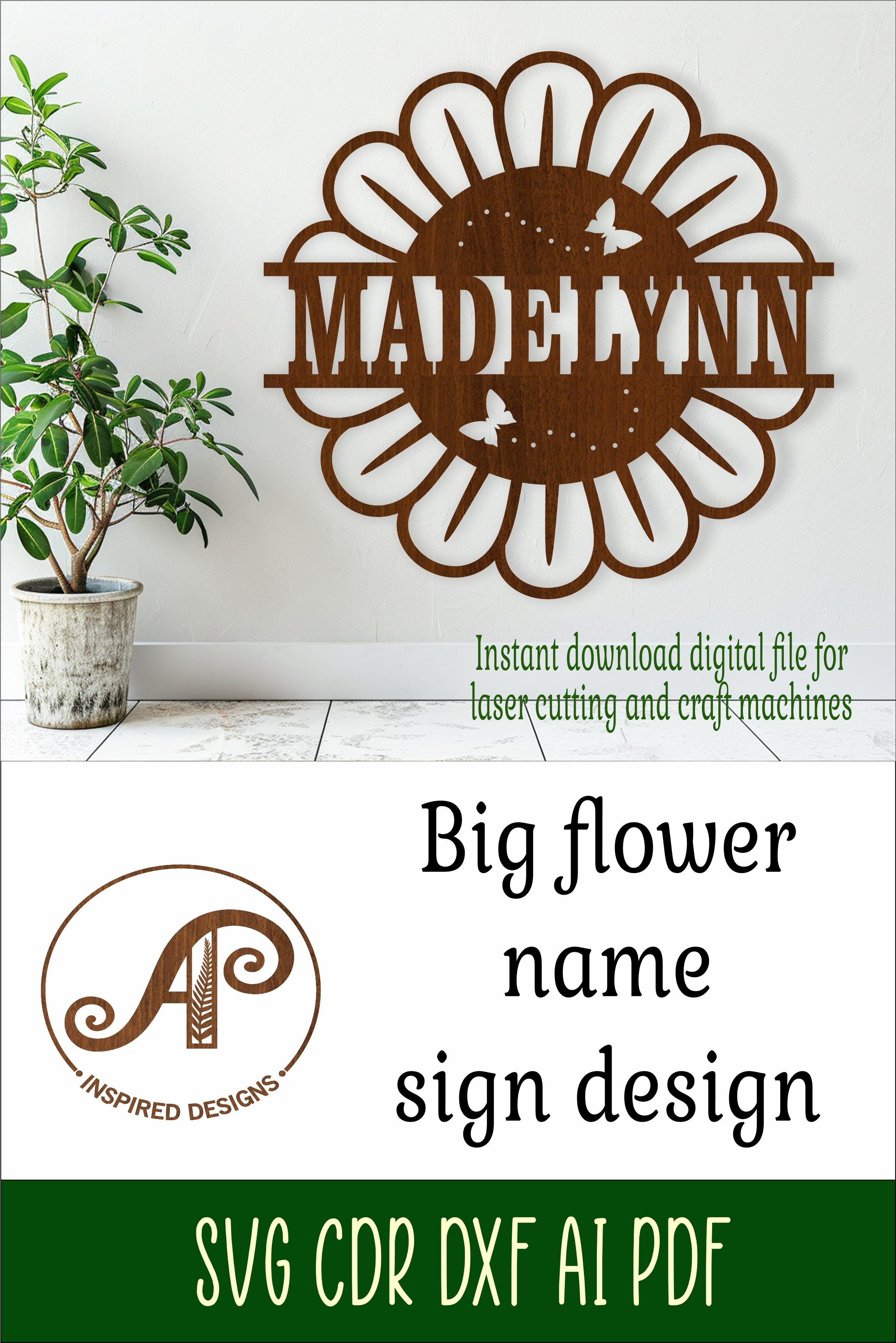 Big flower name sign svg laser cut file