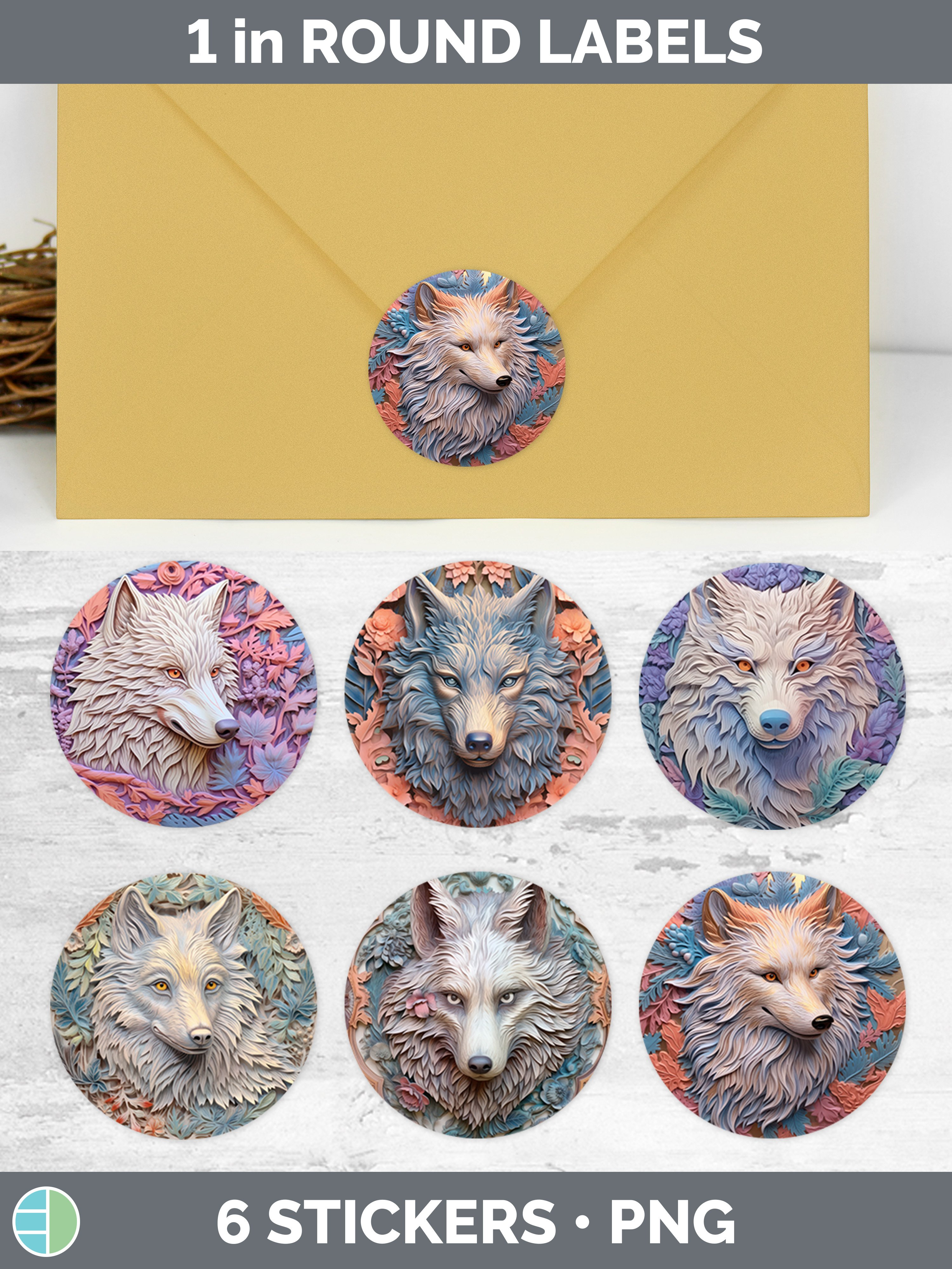 3D Wolf Stickers | Round Labels Designs Bundle