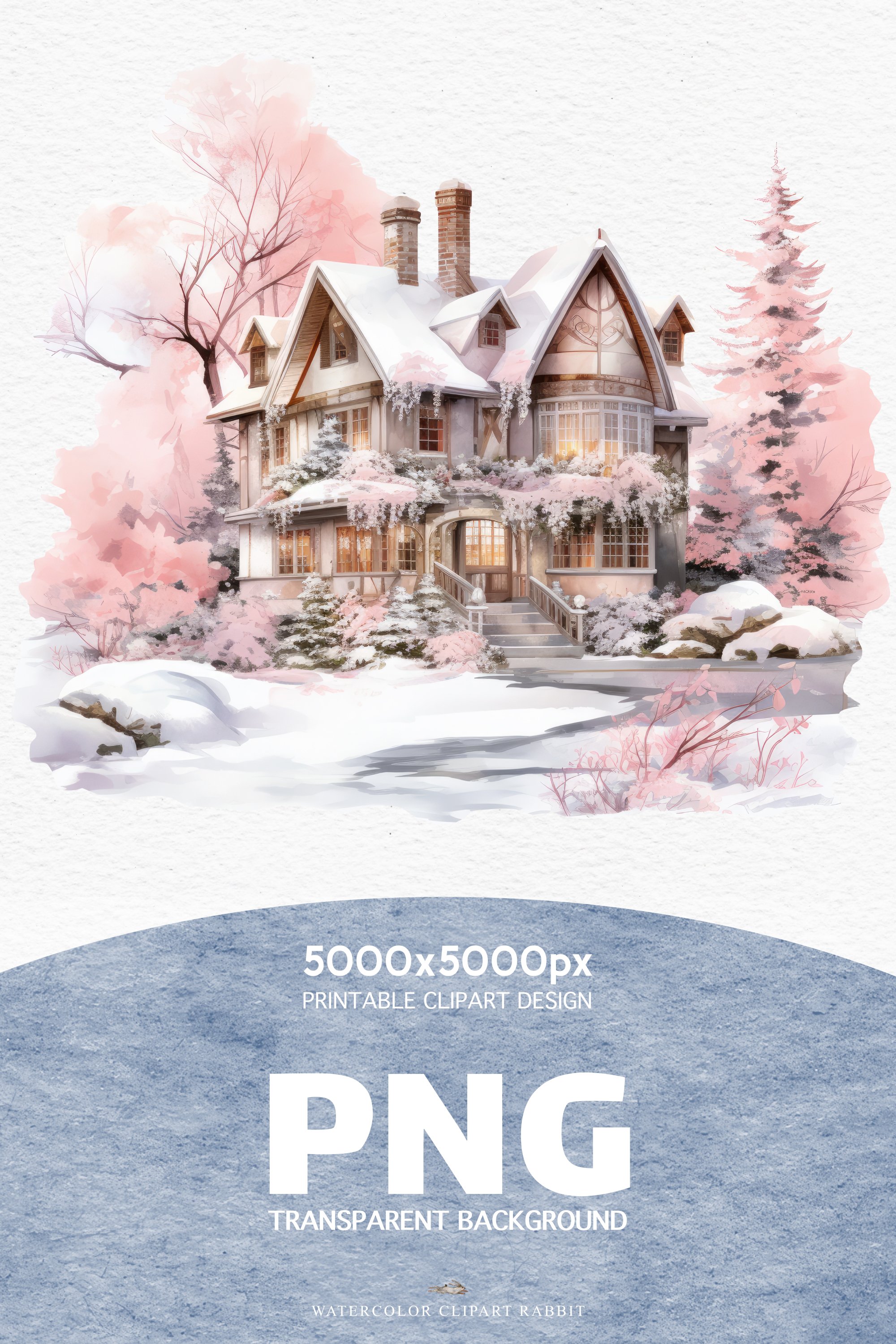 Pink Christmas HouseWinter Landscape Scene Village Clipart