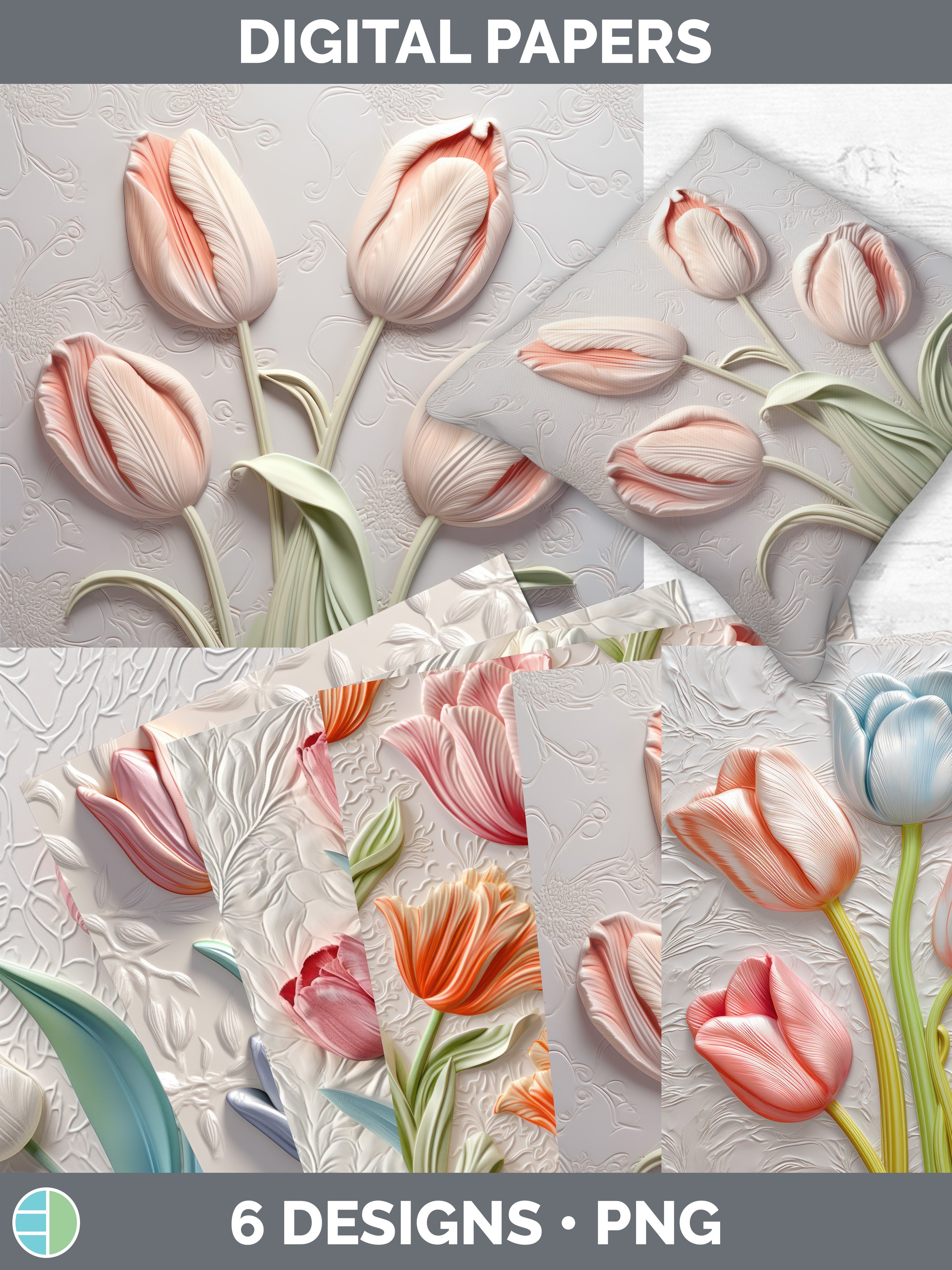 3D Tulip Flowers Paper Backgrounds | Digital Scrapbook Paper