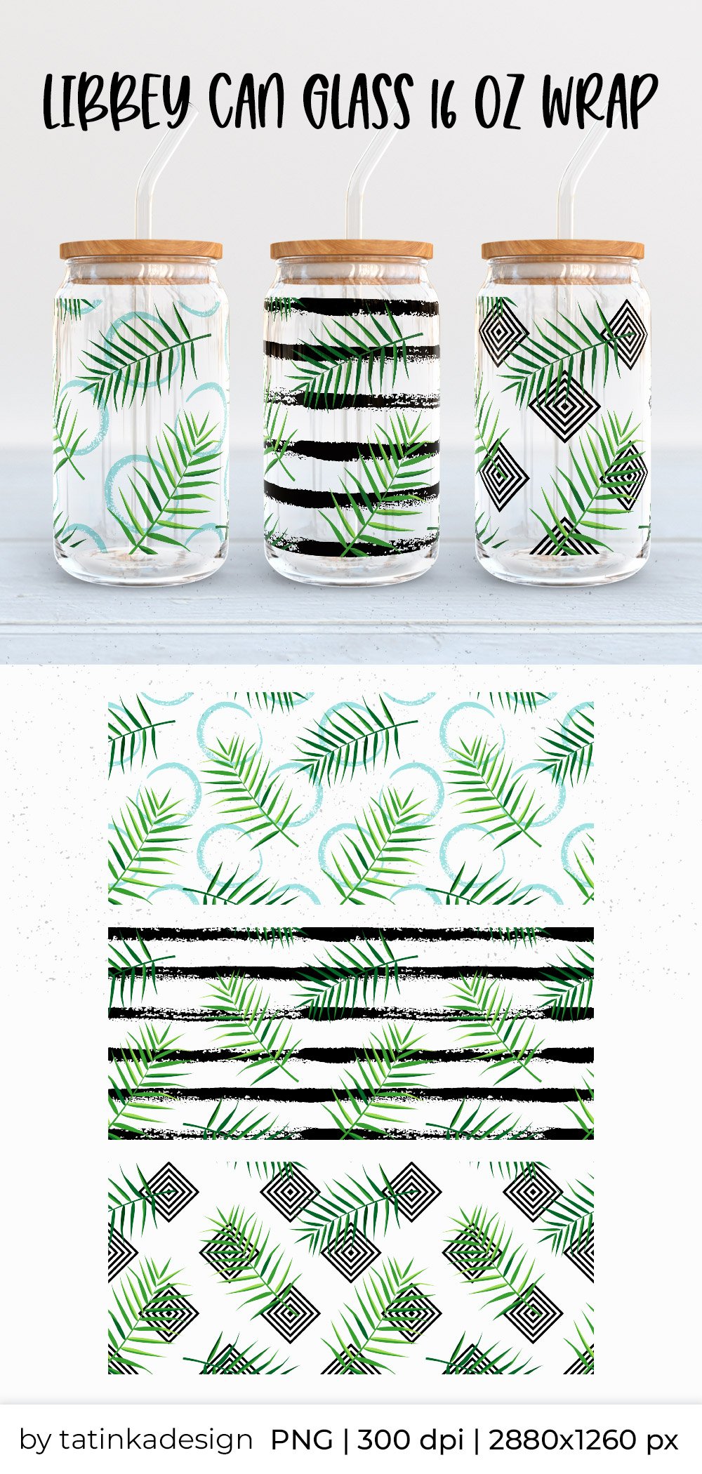 16oz libbey can glass full wrap with tropical leaves