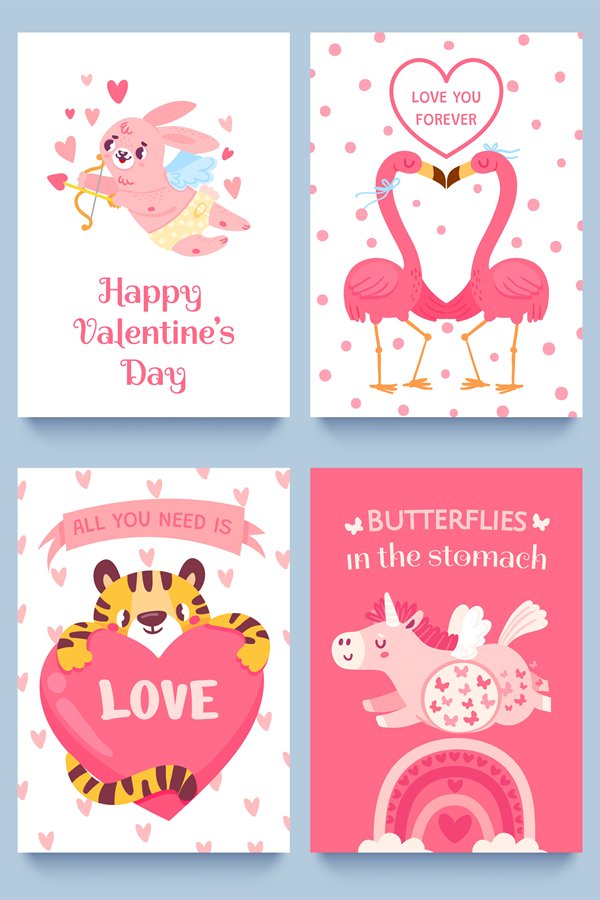 Valentines cards with cute animals. Posters for valentine da