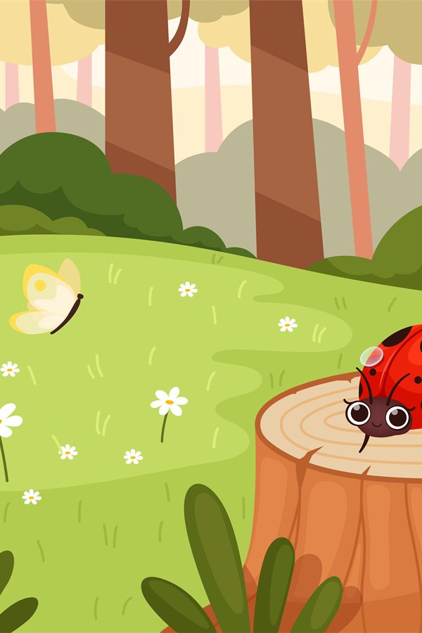 Ladybug in wood. Green natural park with funny insects warm