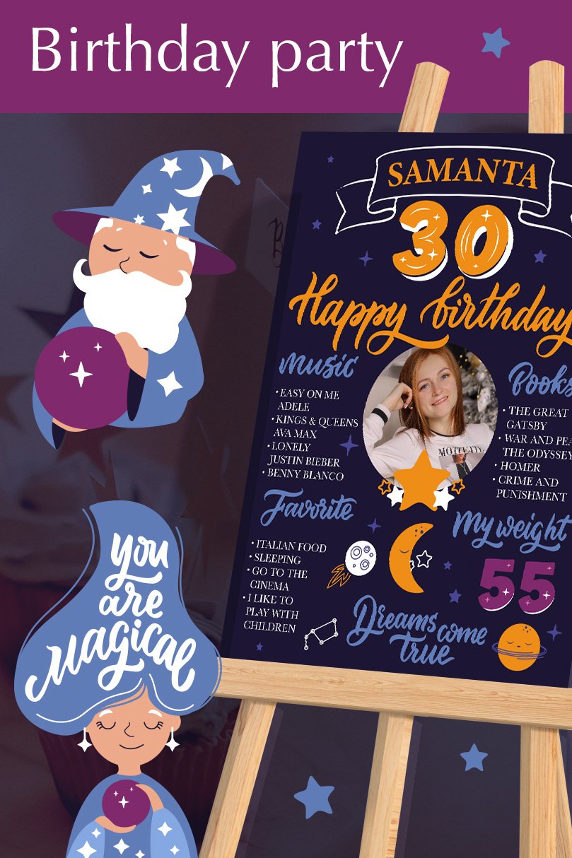 Create Birthday posters, chalkboards, metrics. Moon & Stars