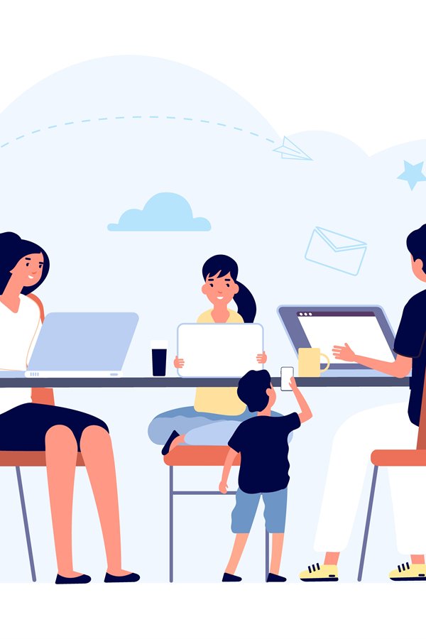 Family with gadgets. Family network concept. Mom, dad kids w