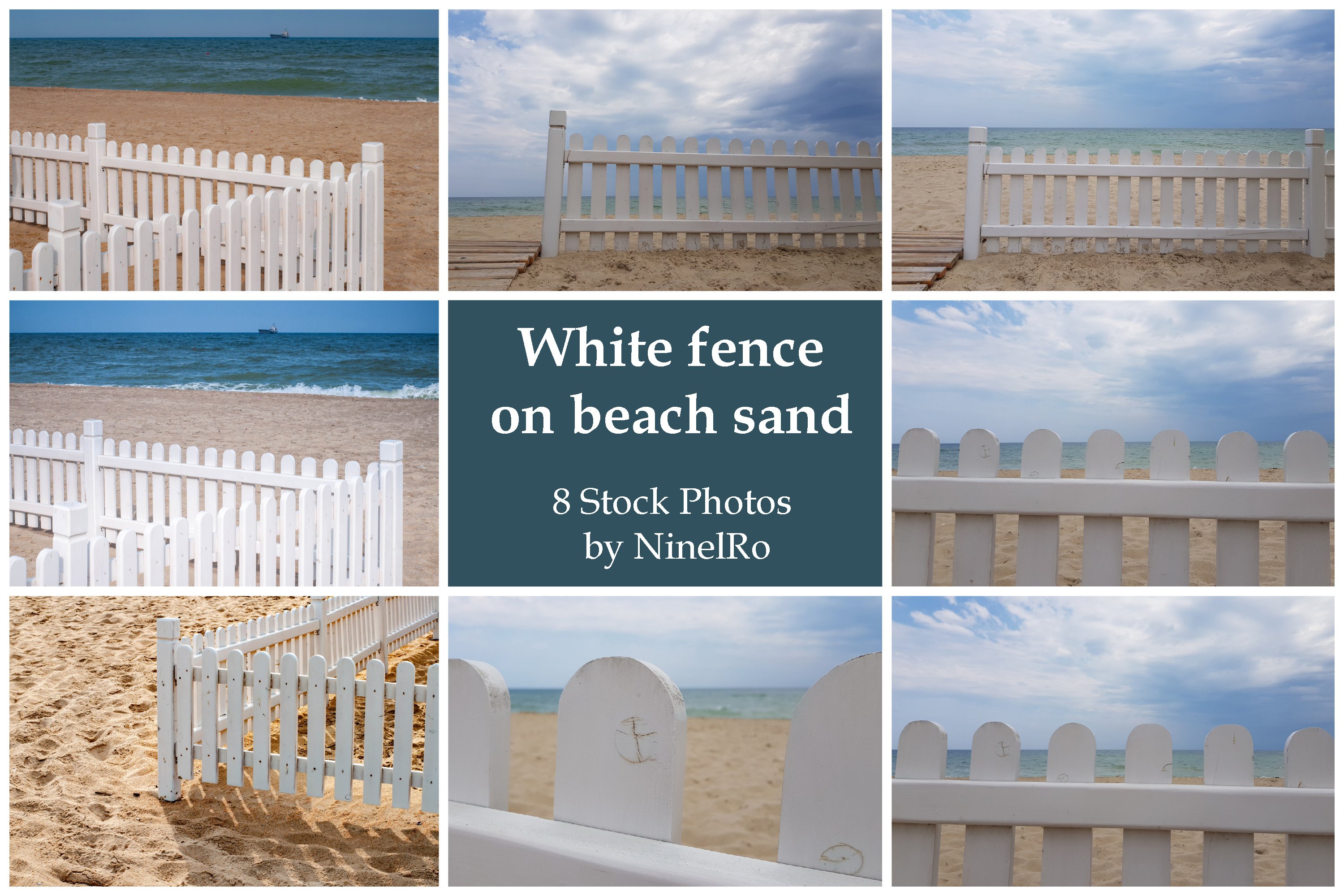 Set of 8 photos of white fence on beach sand along (623525)