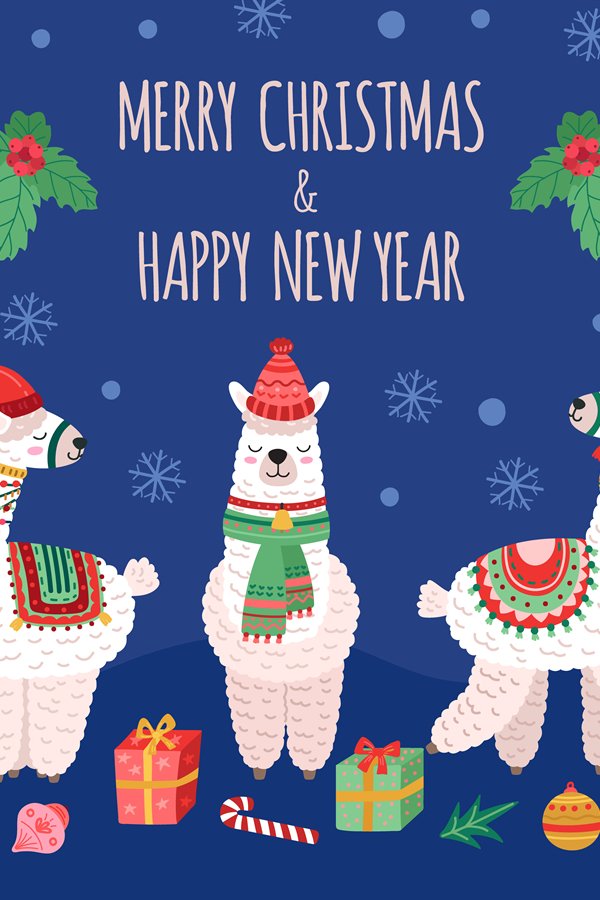 Llama christmas background. Doodles llamas, wild baby animal