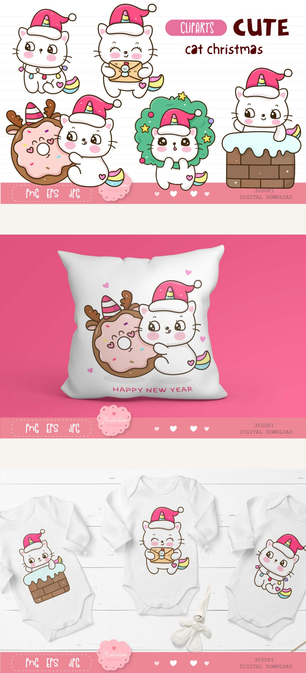 Cute santa cat Christmas animal with gift. X mas card