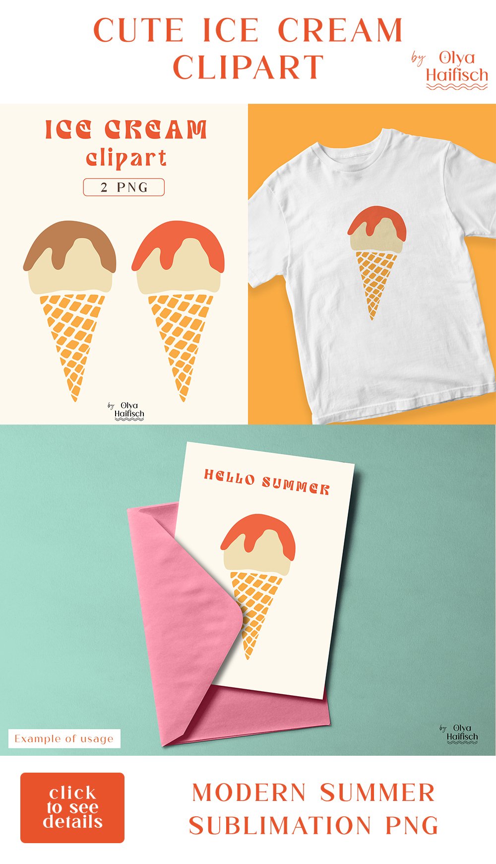 Ice Cream Cone Clipart. Cute Summer Dessert Sublimation PNG