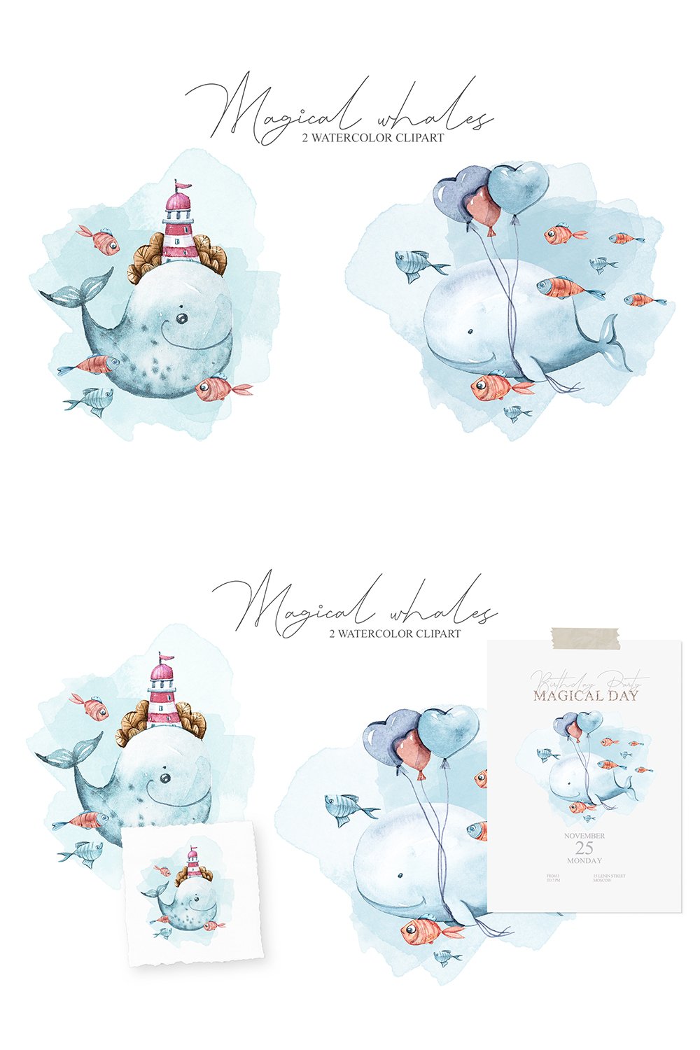 Watercolor nautical whales sublimation- png files