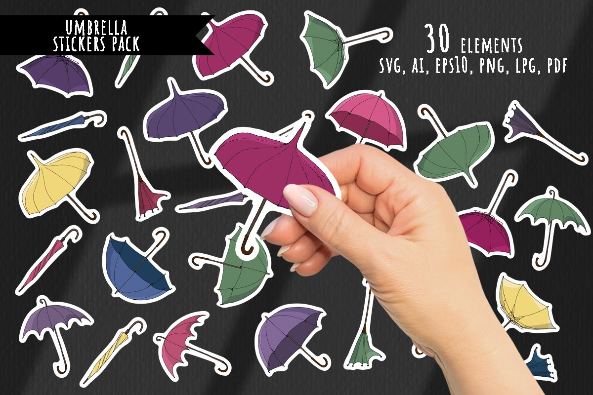 Umbrellas. Hand drawn retro stickers pack