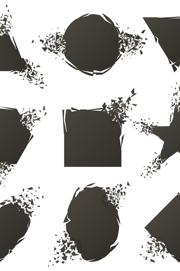 Explosion frames. Abstract destruction shapes, shattered tex