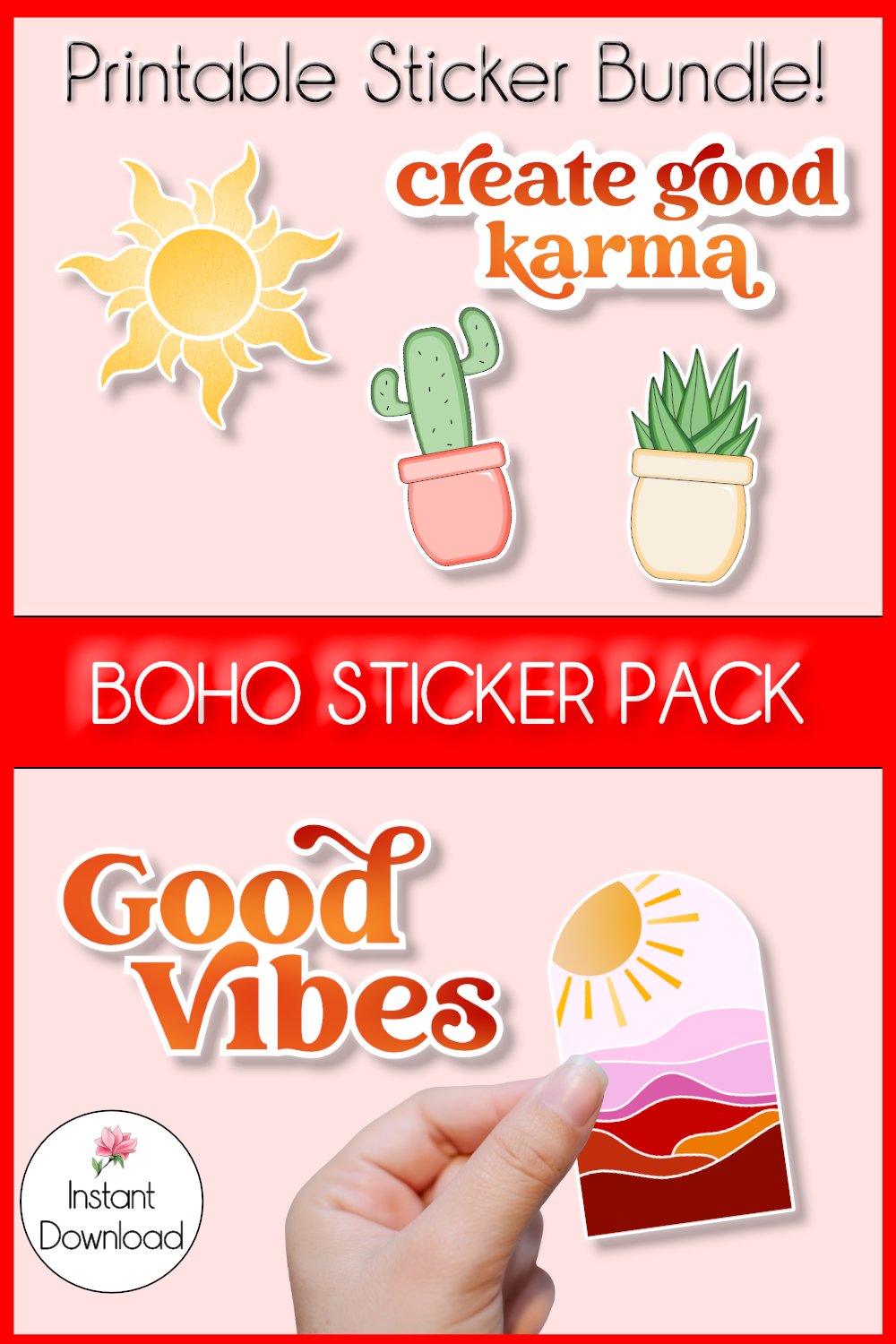 Boho Sticker Pack with Sun, Cactus, and Boho Quotes PNG, JPG