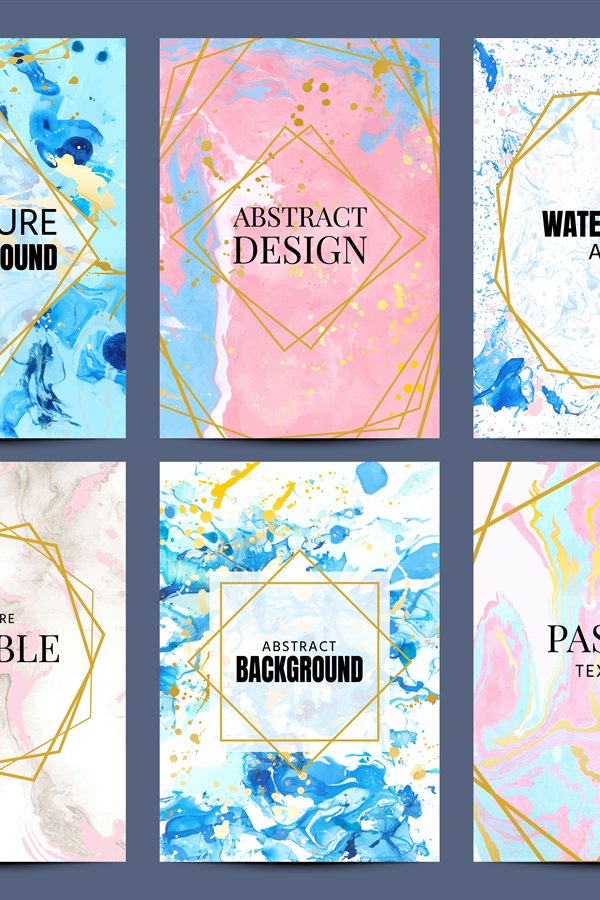 Watercolor marble posters. Abstract pastel texture with gold