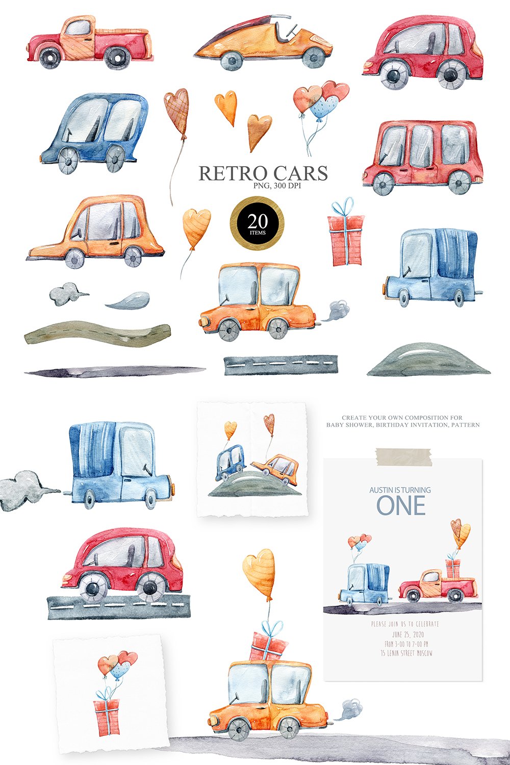 Cute watercolor retro cars clipart - 20 png files