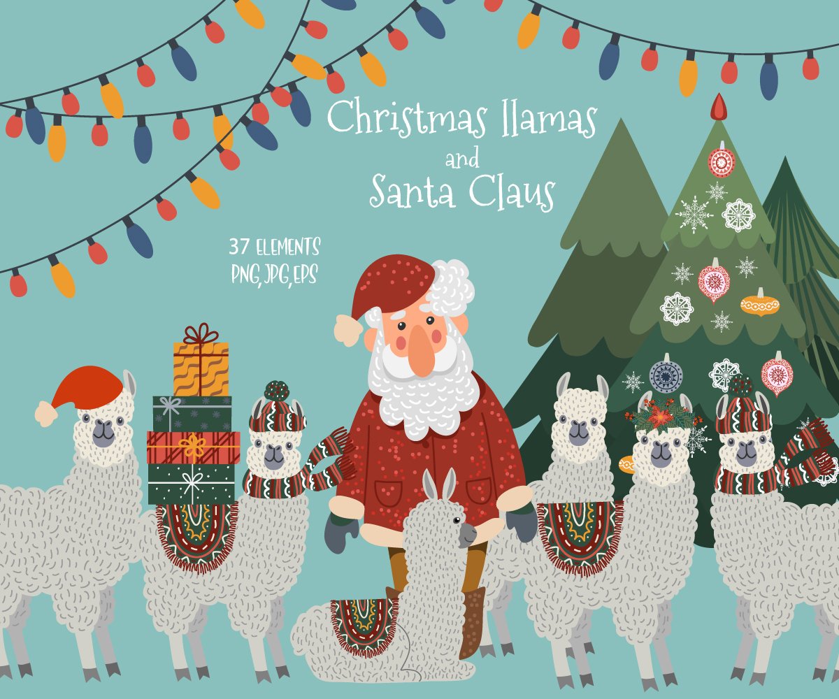 Christmas llamas and Santa Claus, animals clipart png.