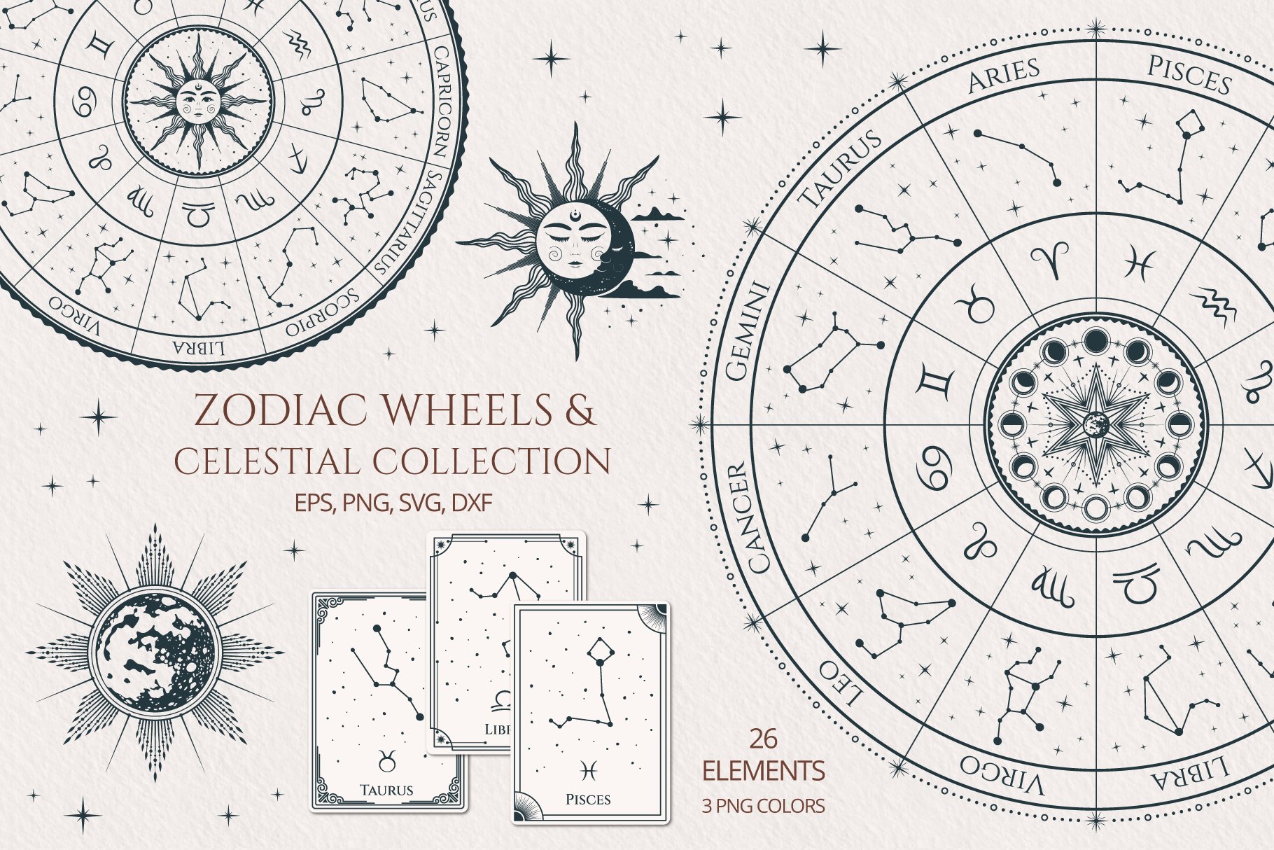 Celestial Zodiac Wheel Clipart for Cutting Machines