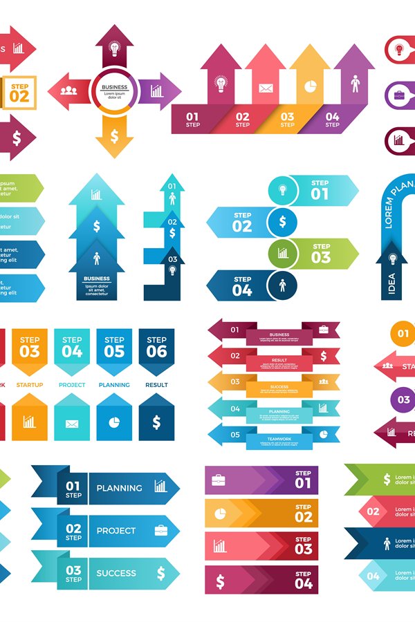 Colored arrows for business presentations. Vector collection