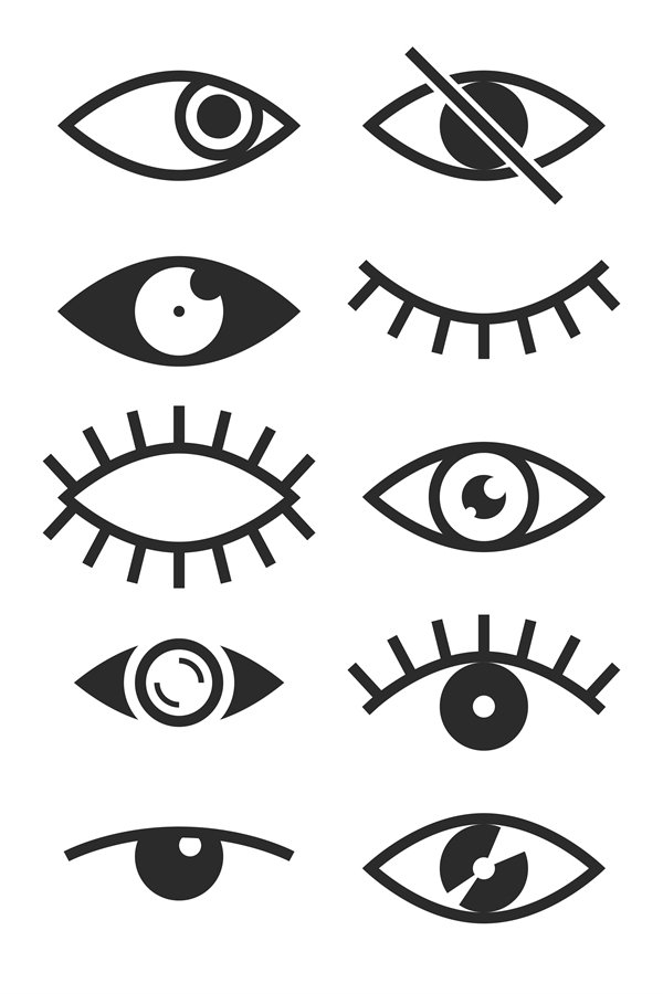 Eye. Vision and view signs, open and closed human eyes, lens
