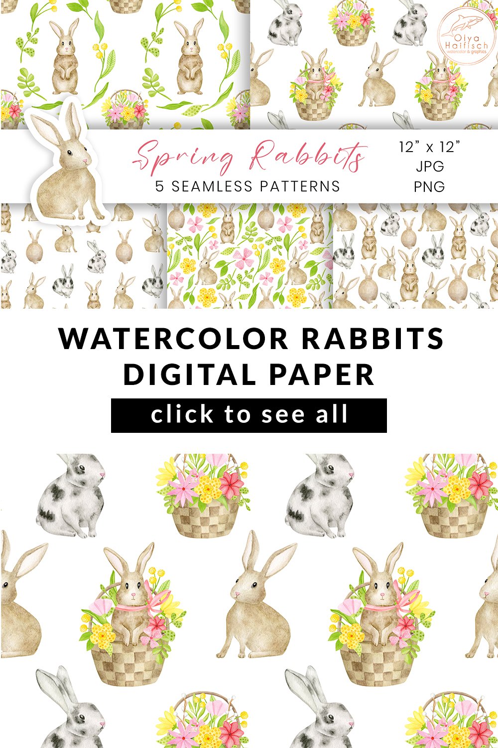 Watercolor Rabbits Digital Paper. Spring Seamless Patterns