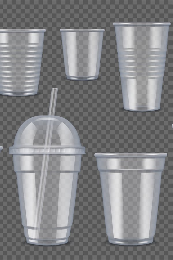 Plastic vessel. Transparent cups and mugs for drinks food ba
