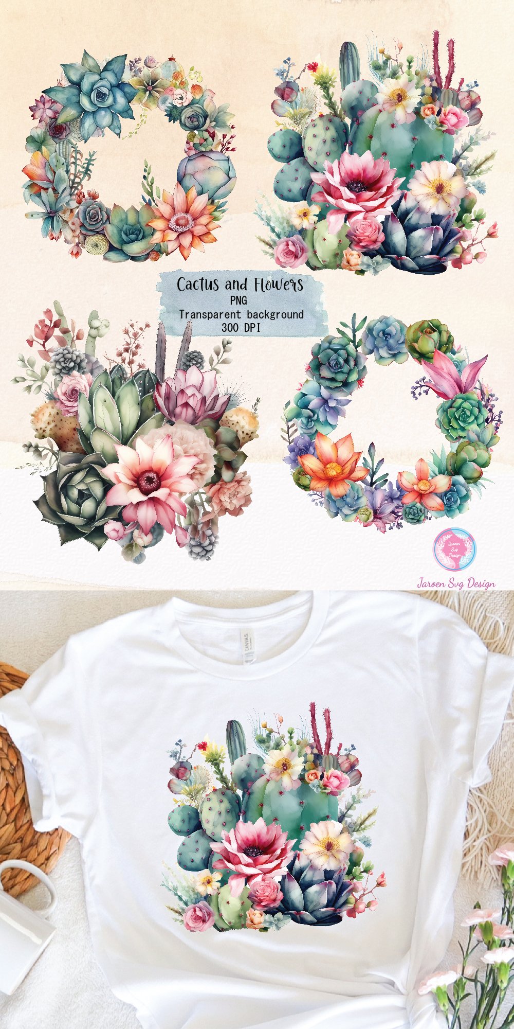 Cactus flower watercolor Clipart, Cactus Png, Cactus Wreath