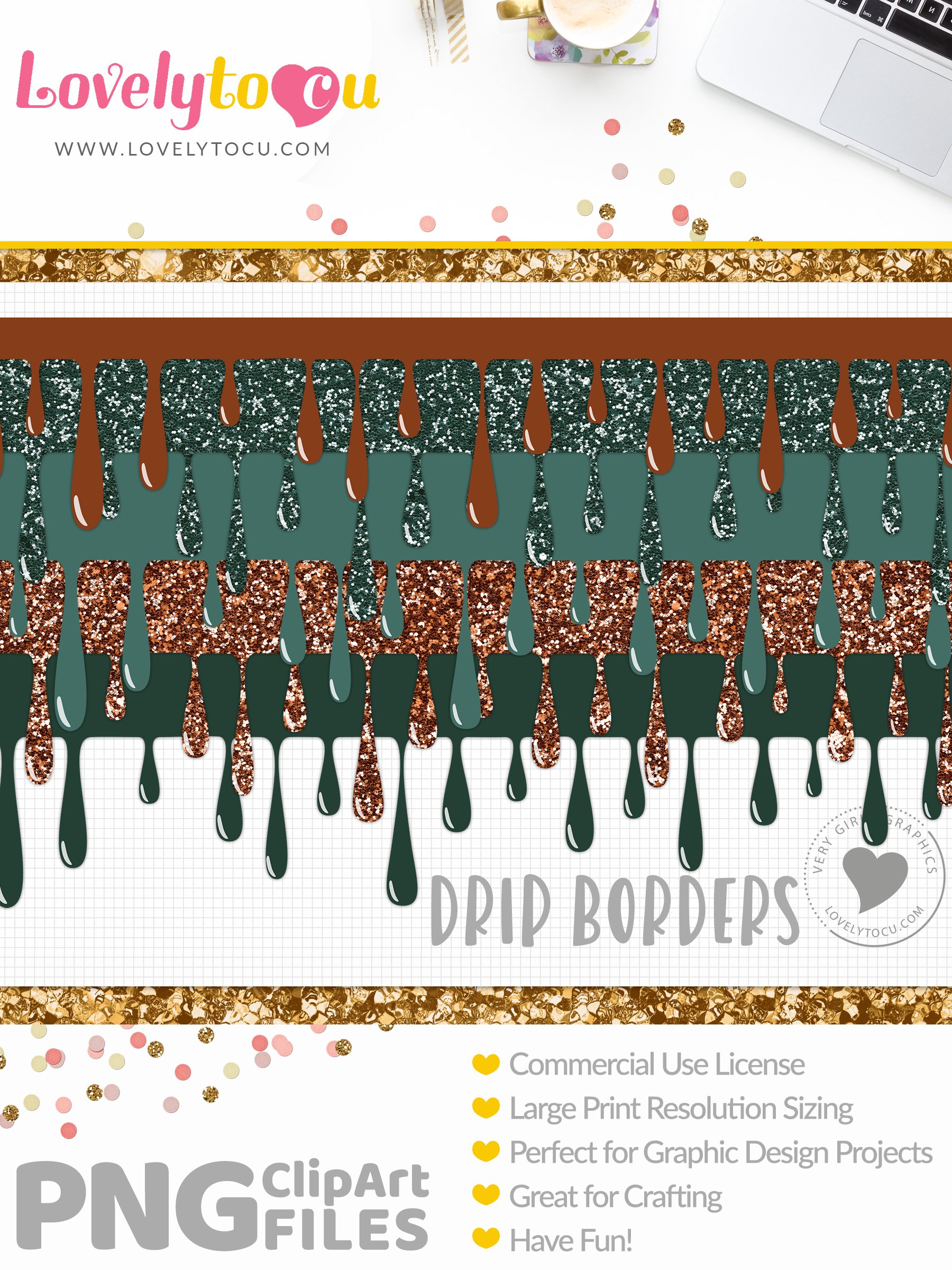 Glitter drip borders, graphic design elements, (2079348)