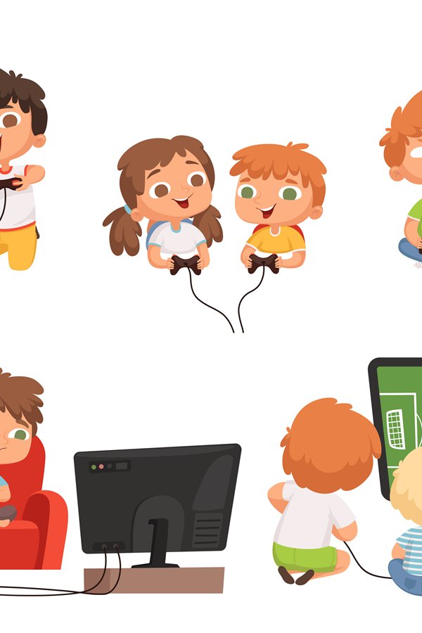 Video games kids. Console gaming children playing together w