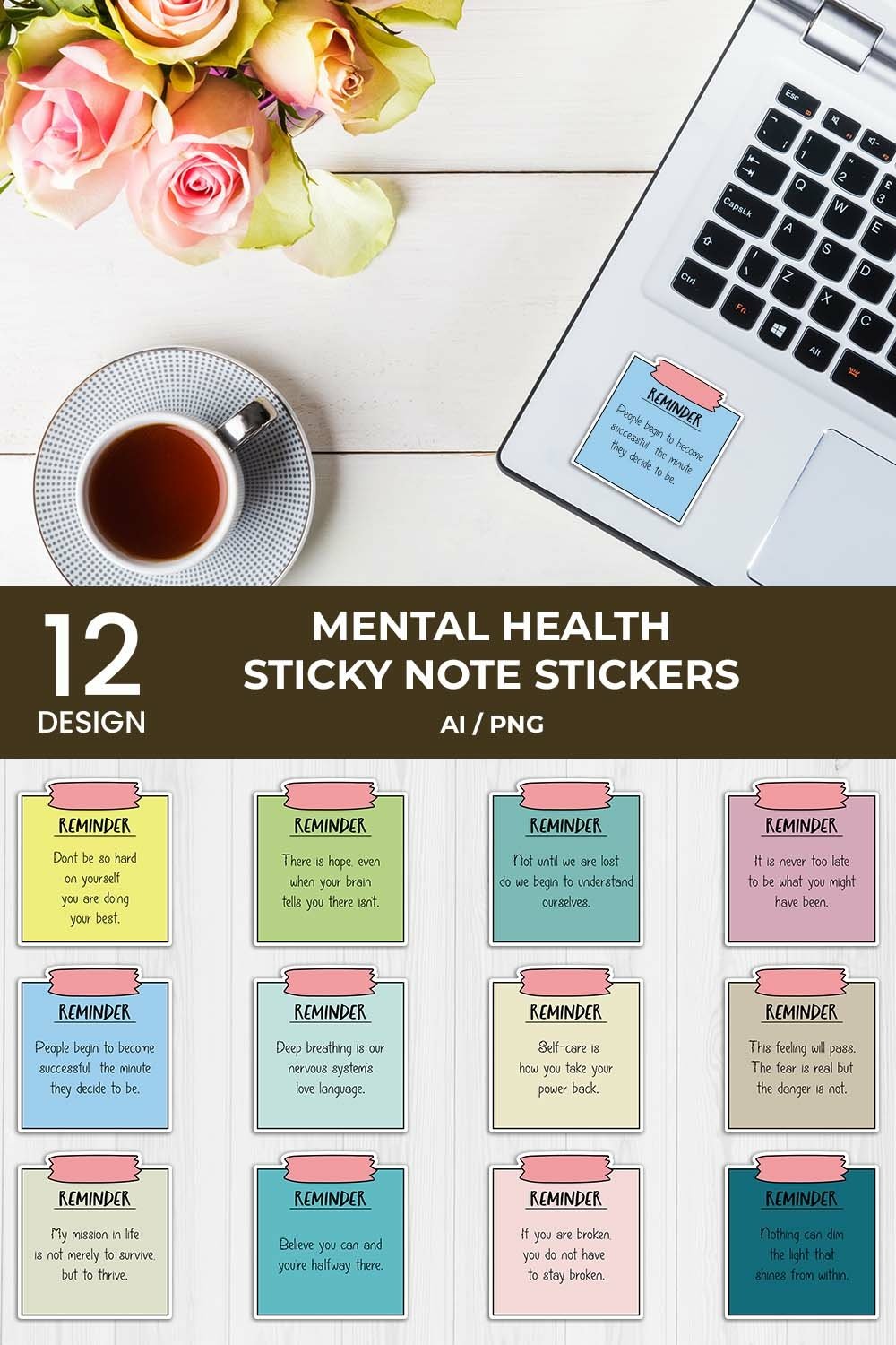 12 Mental Health Sticky Notes Stickers