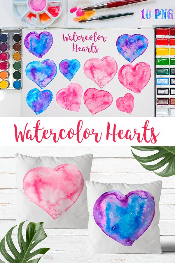 Watercolor Hearts Shapes hand-drawn artistic png