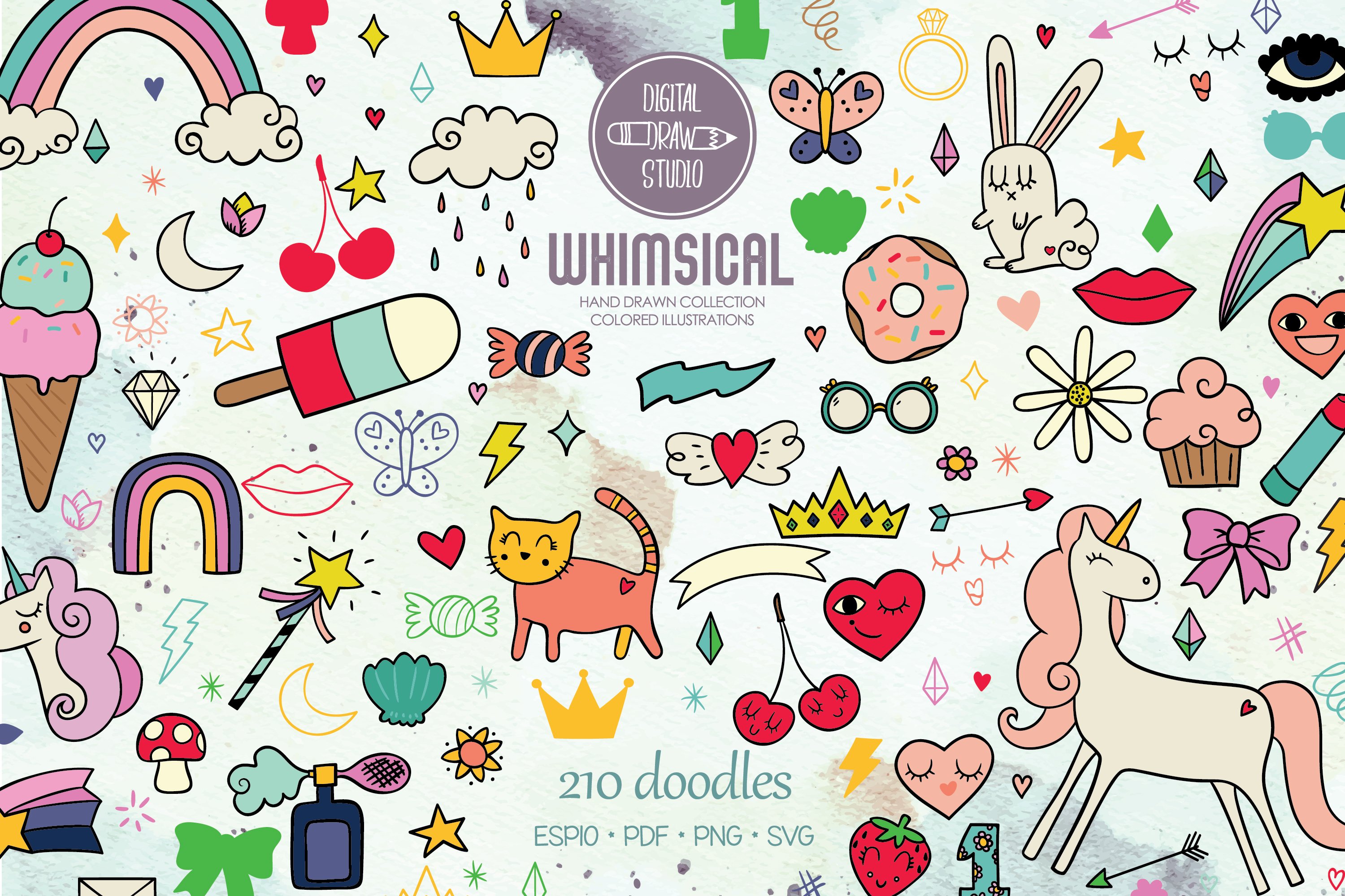 Whimsical Color Doodles | Hand drawn Unicorn, Rainbow, Heart