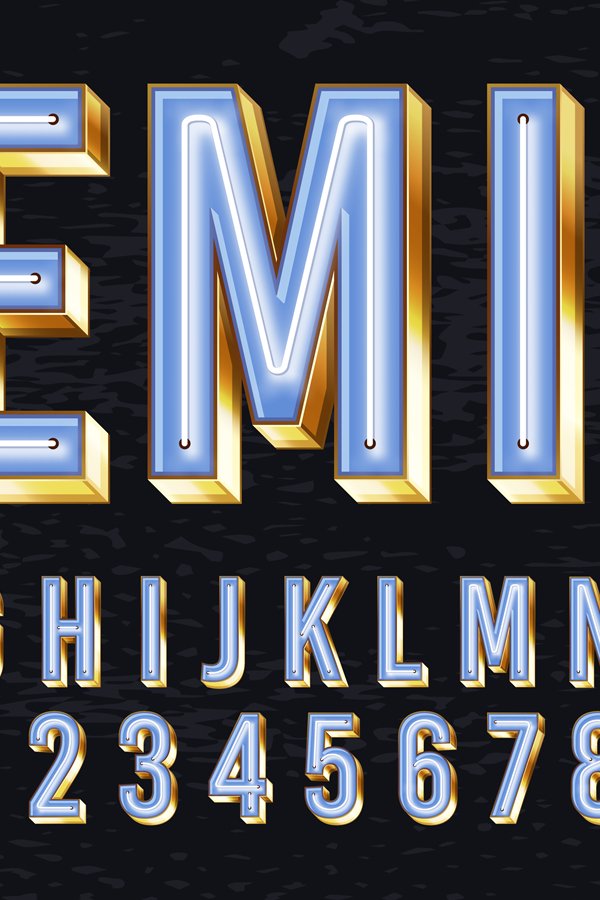 Neon light box premium glowing letters, golden alphabet