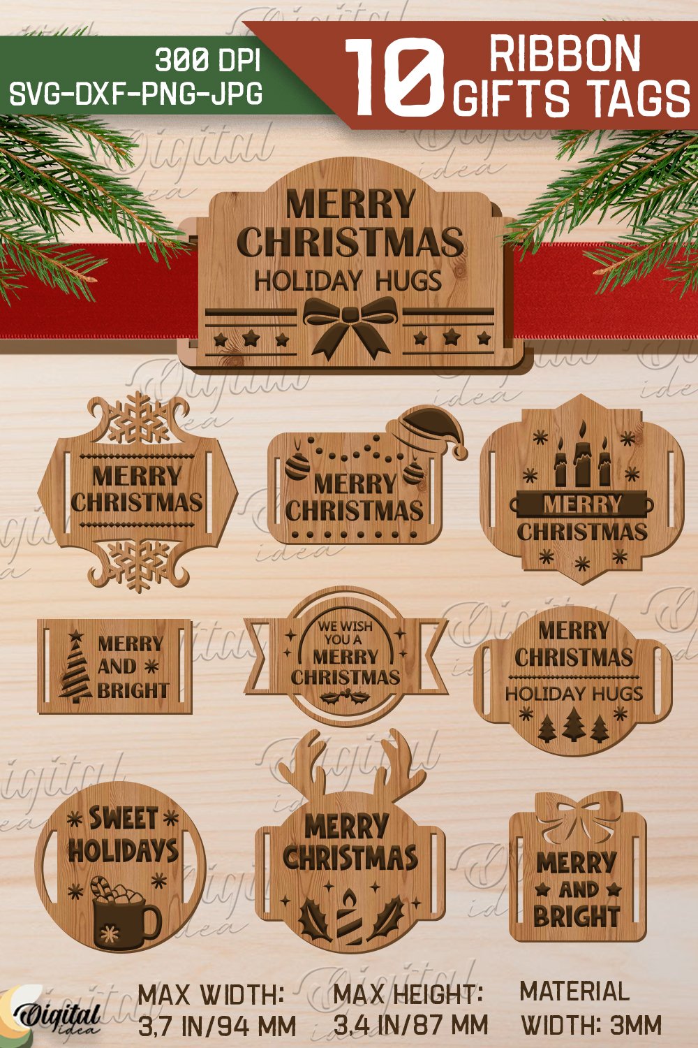 Christmas Ribbon Gift Tags bundle. Xmas laser cut tag SVG
