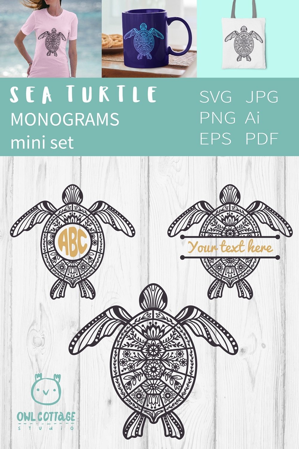 Sea Turtle Monograms svg, Sea Turtles mini bundle, Floral Se