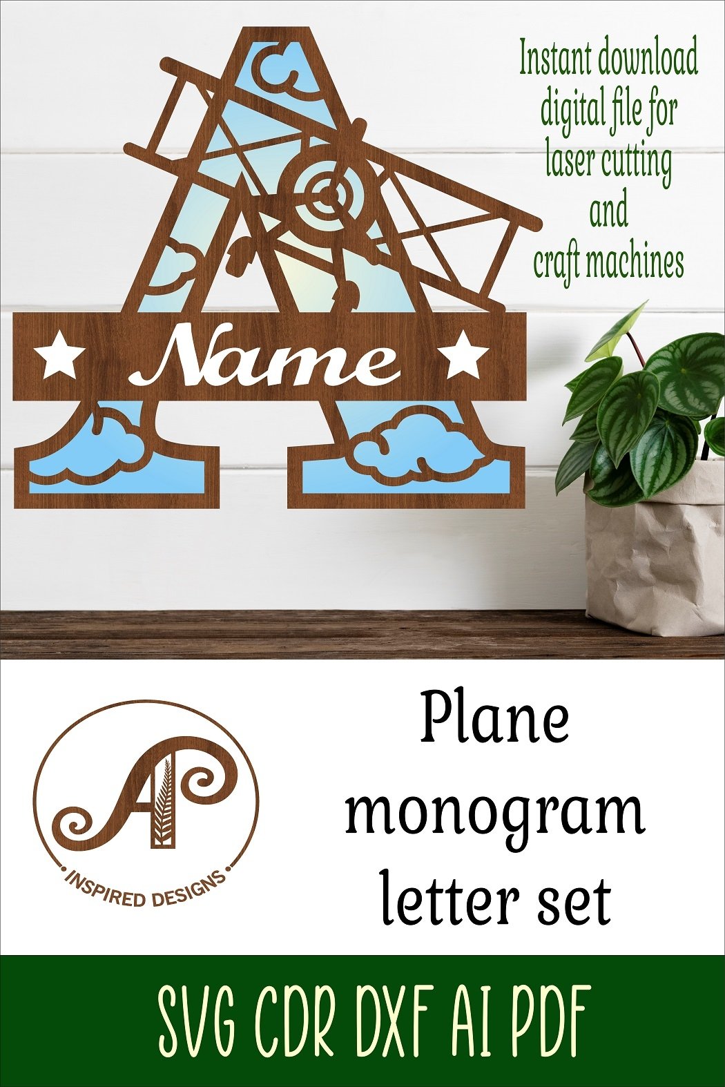 Airplane monogram letter bundle Name signs SVG 3 layer