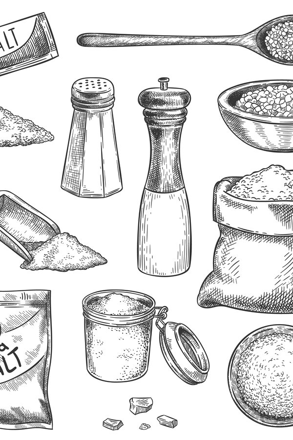 Sea salt. Sketch vintage hand mill with spice and seasoning.