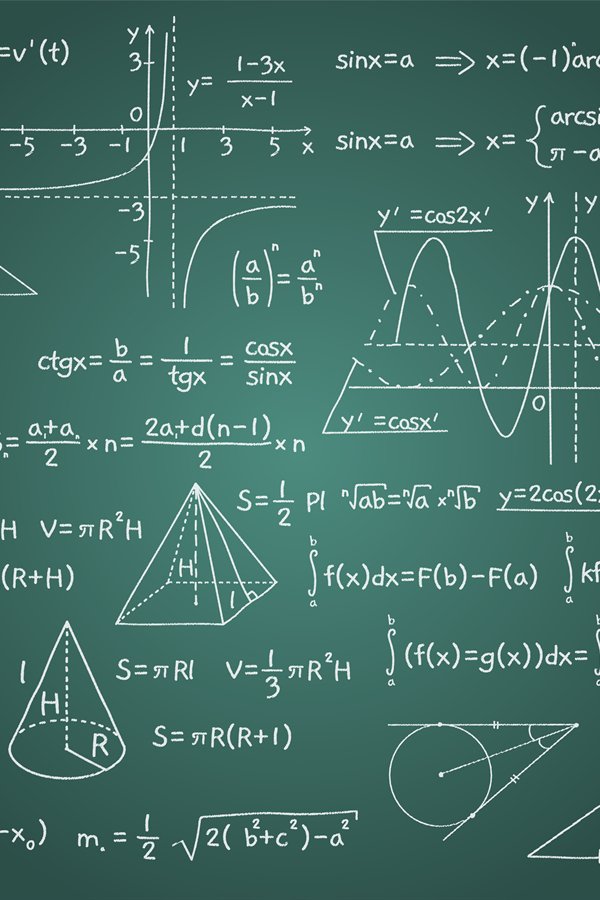 Math formulas. Chalk board background with algebraic and geo