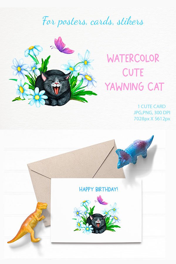 Watercolor cute yawning cat. Baby shower