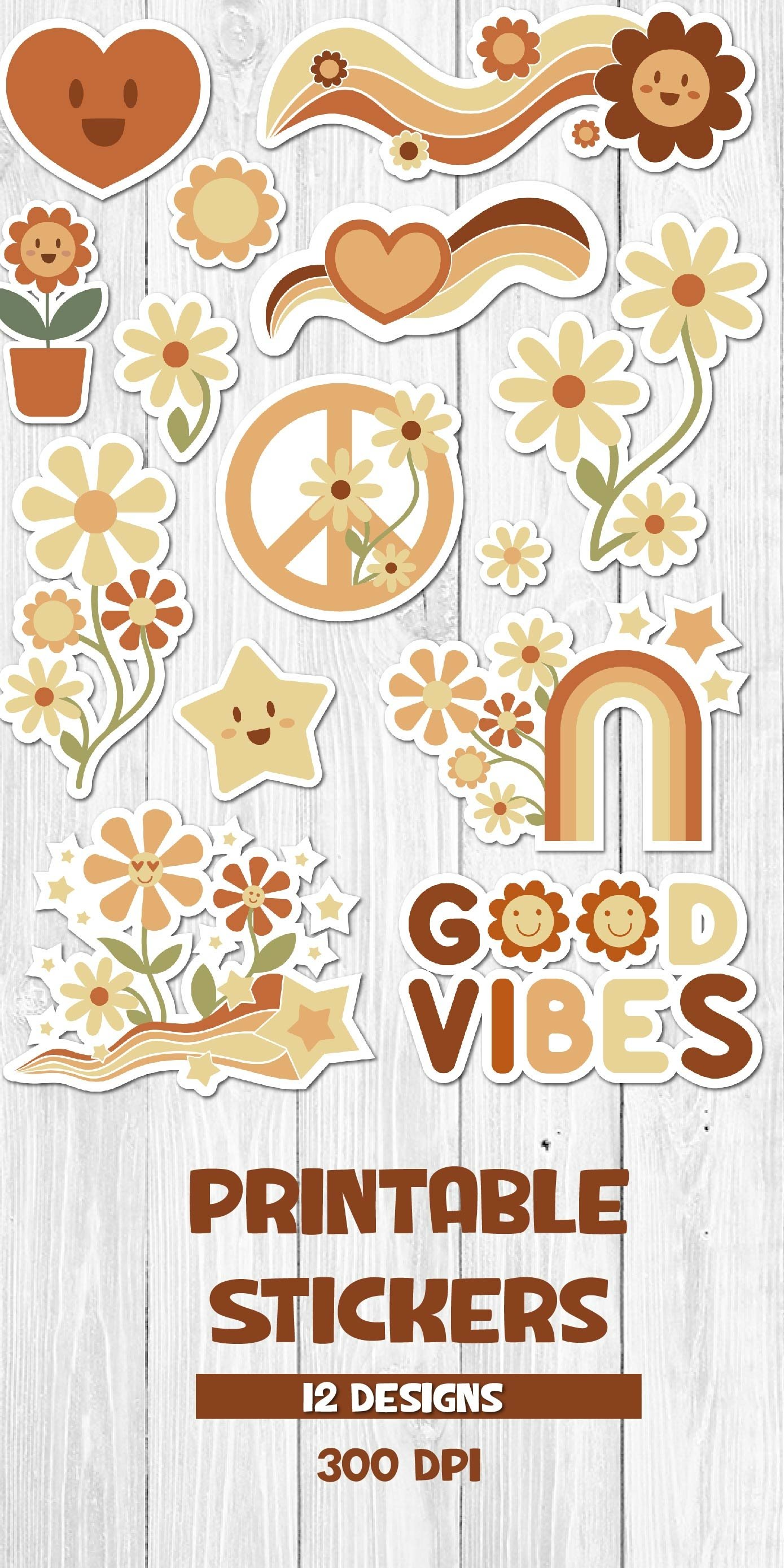 Groovy Stickers Bundle | Floral Printable Hippie Stickers