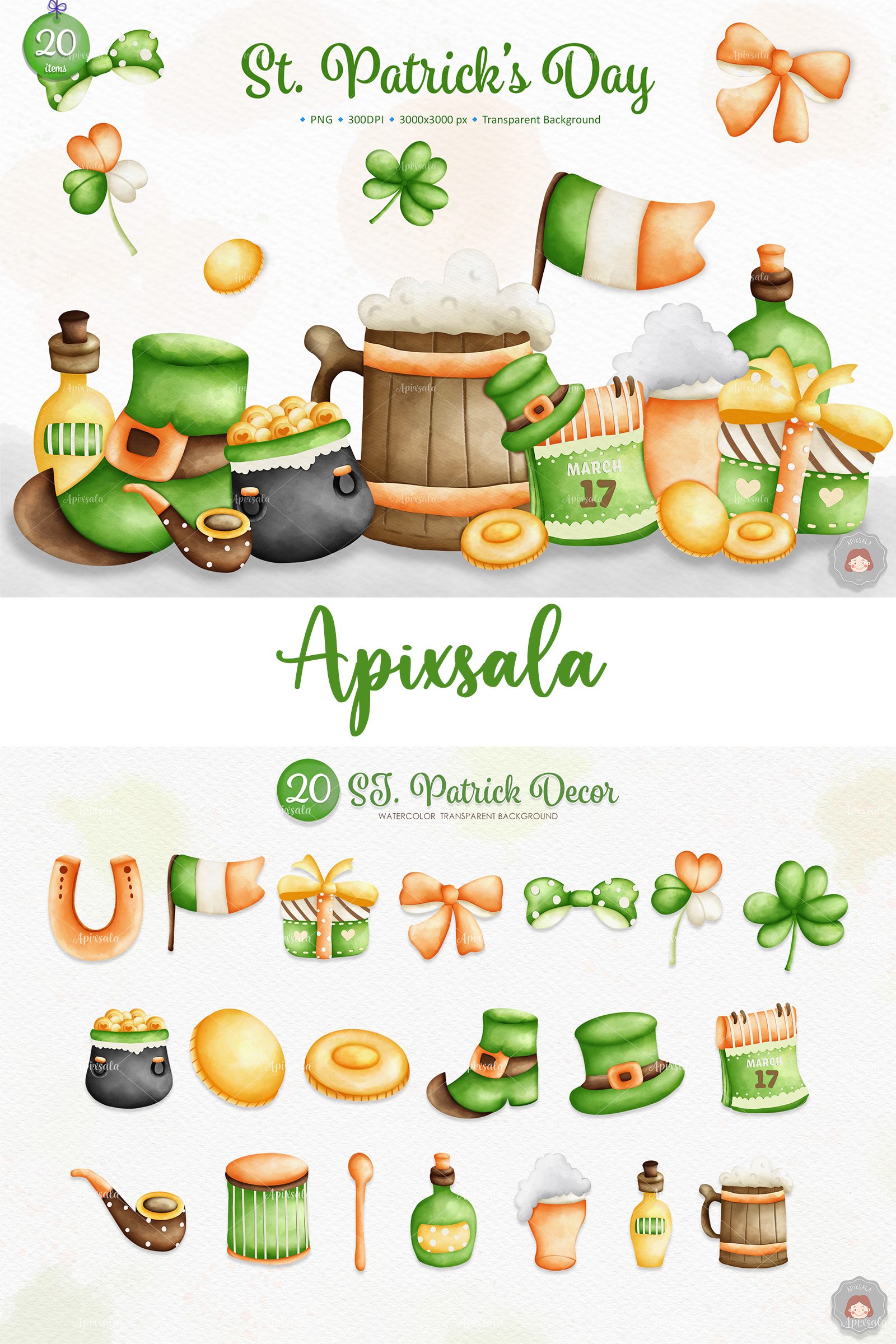 Watercolor Saint Patricks Day Clipart Bundle