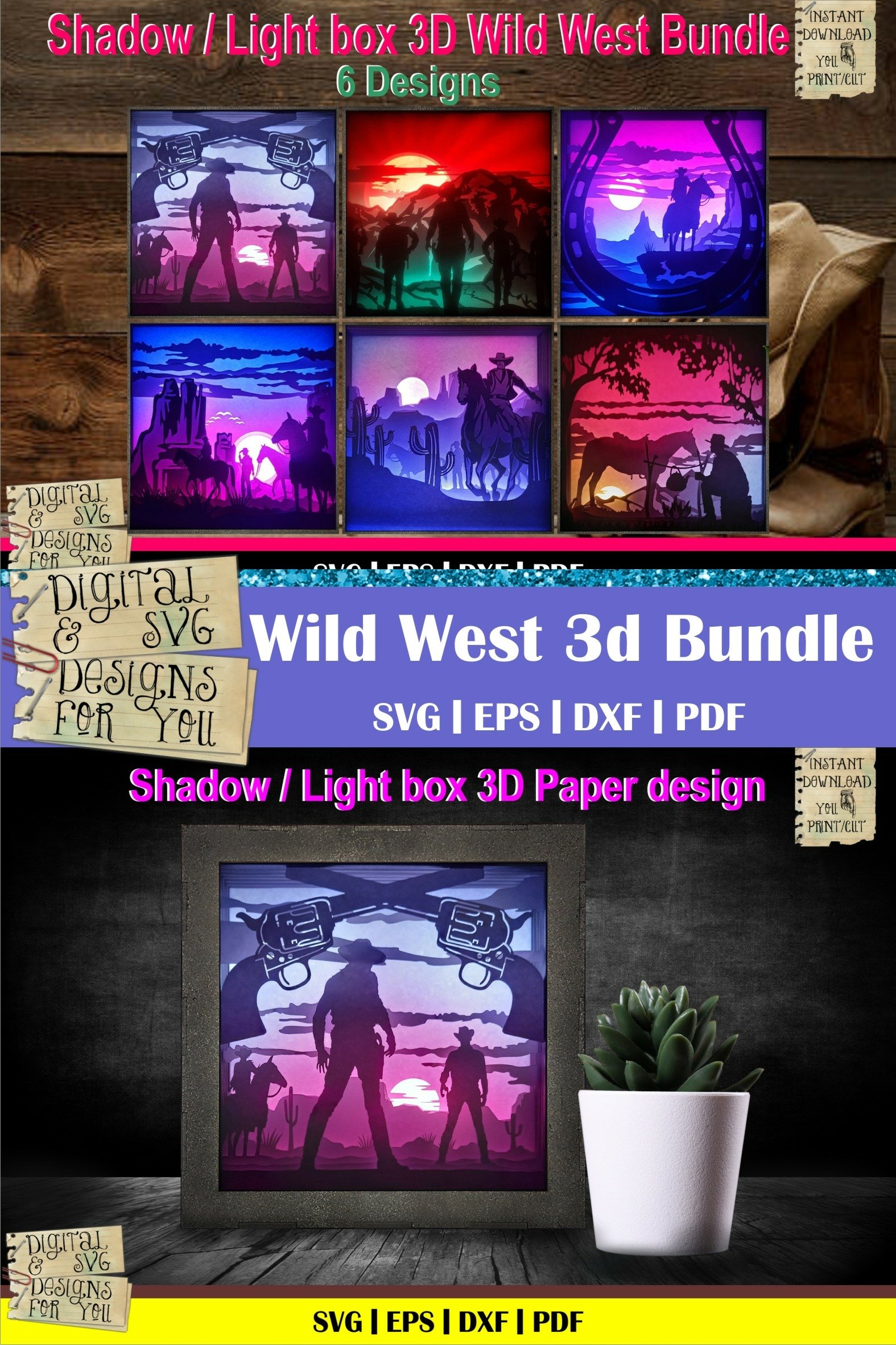 Wild West Bundle | 3D Light box | 3d Shadow box | Cowboys