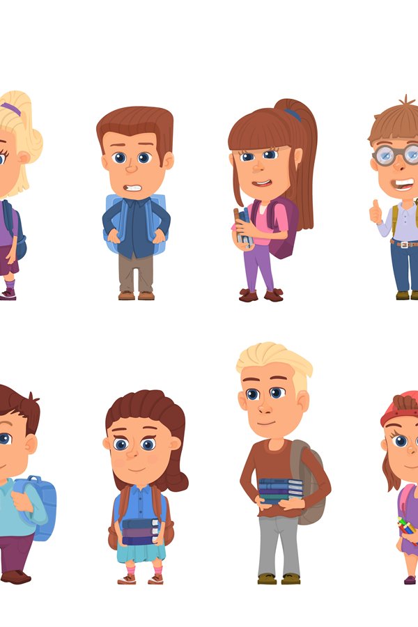 School student characters. Students with books and backpacks