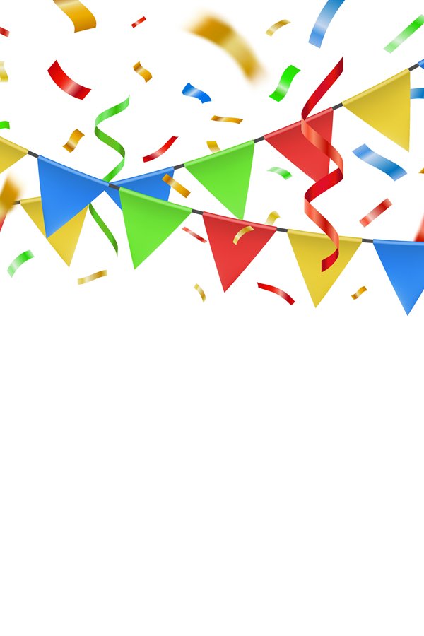 Party confetti and color flags. Celebration decorative paper