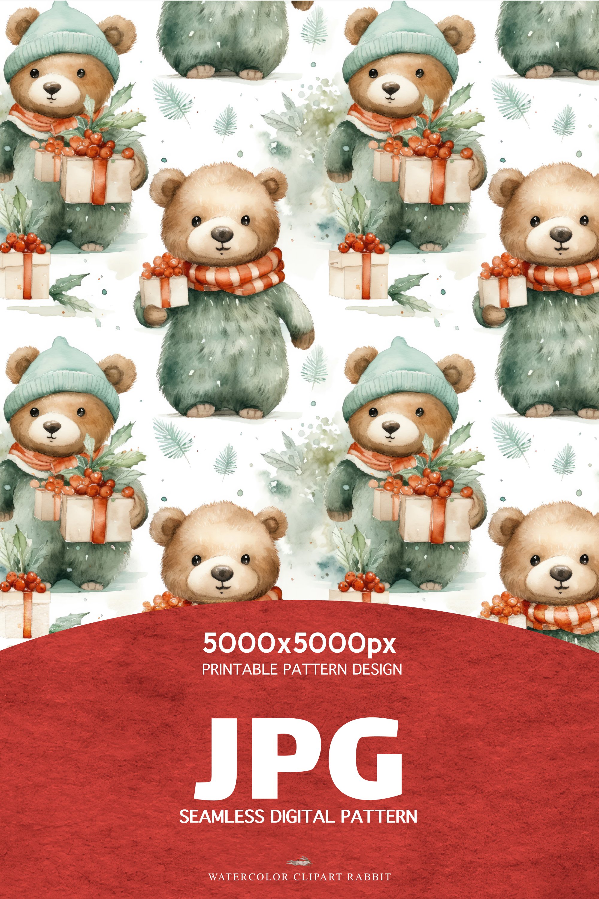 Teddy Bear Christmas Pattern Winter Print Digital Paper jpeg