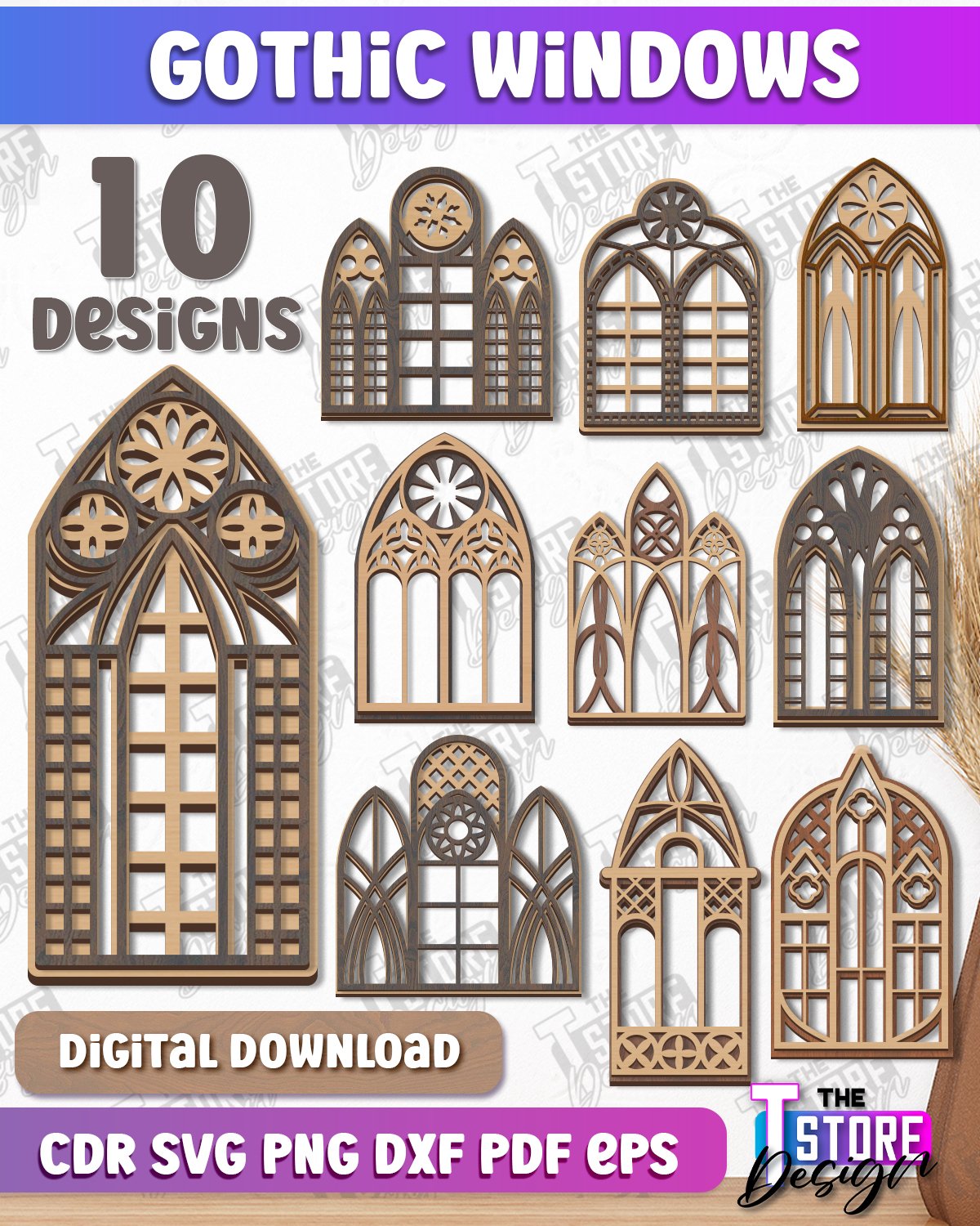 Gothic Windows Laser Cut Bundle, Layered Arched Window Frame