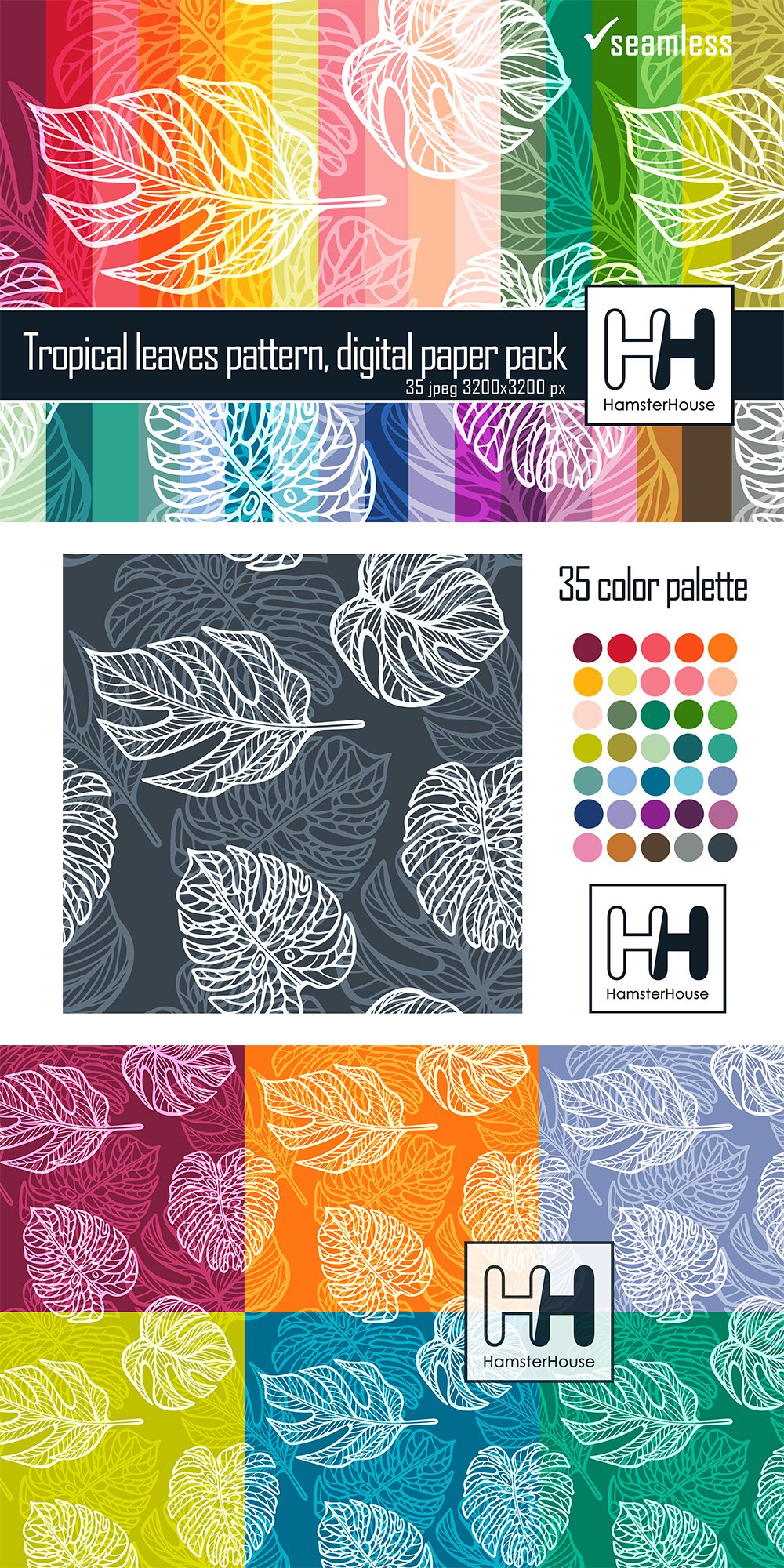 Tropical leaves pattern, digital paper pack, 35 colors