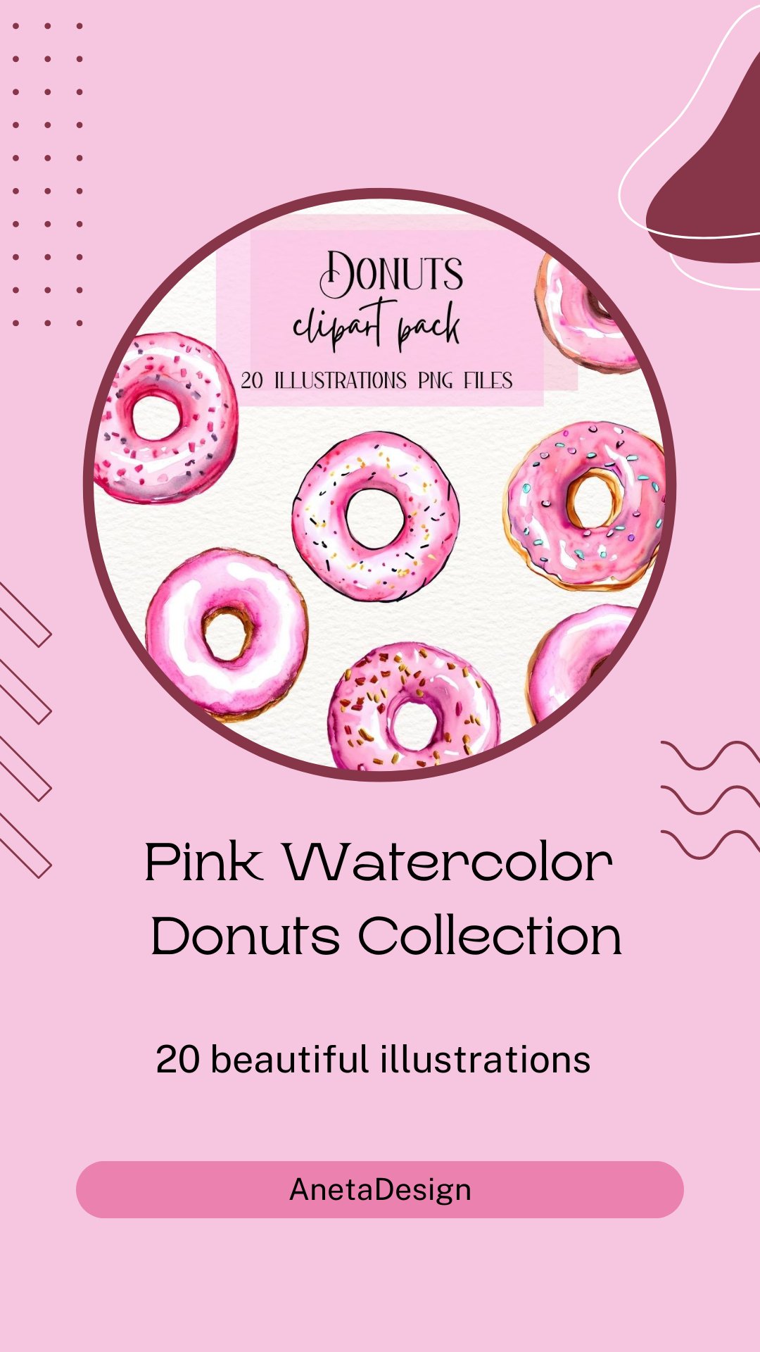 Pink Watercolor Donuts Clipart, Cute Handpainted Donuts
