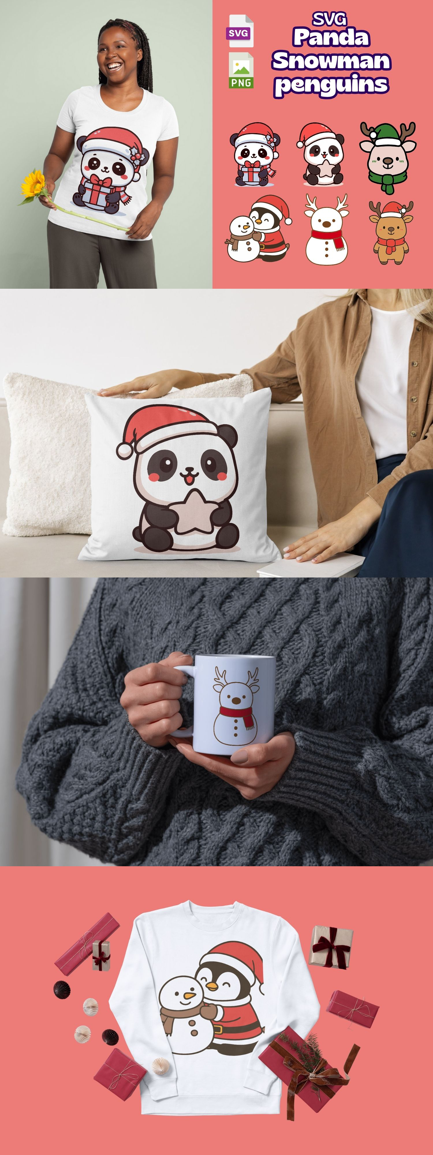 Cute Christmas PNG SVG Bundle | Panda Snowman Penguin Kawaii