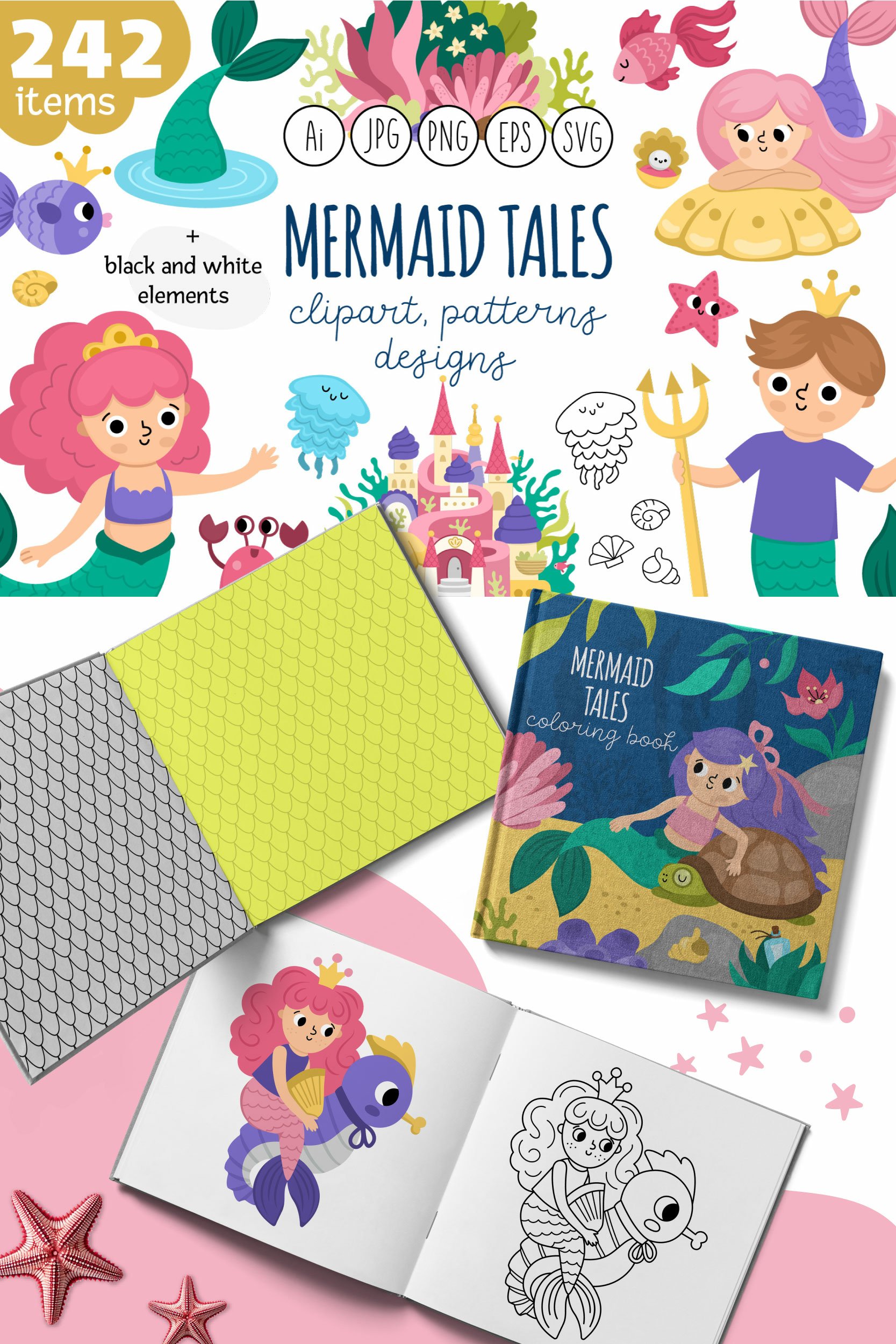 Mermaid tales clipart, patterns and designs collection
